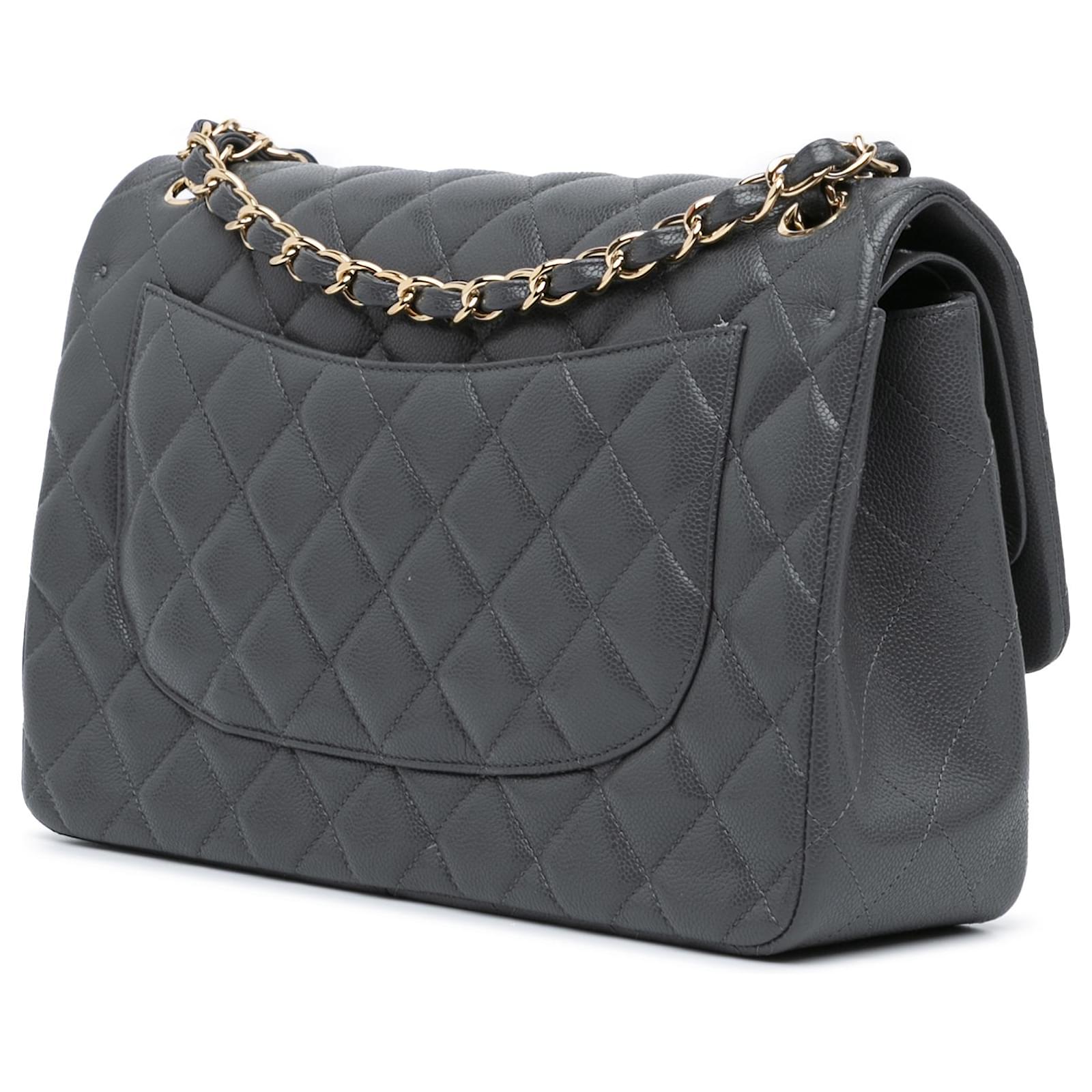 Chanel Gray Jumbo Classic Caviar Double Flap Brown Dark grey Leather ...