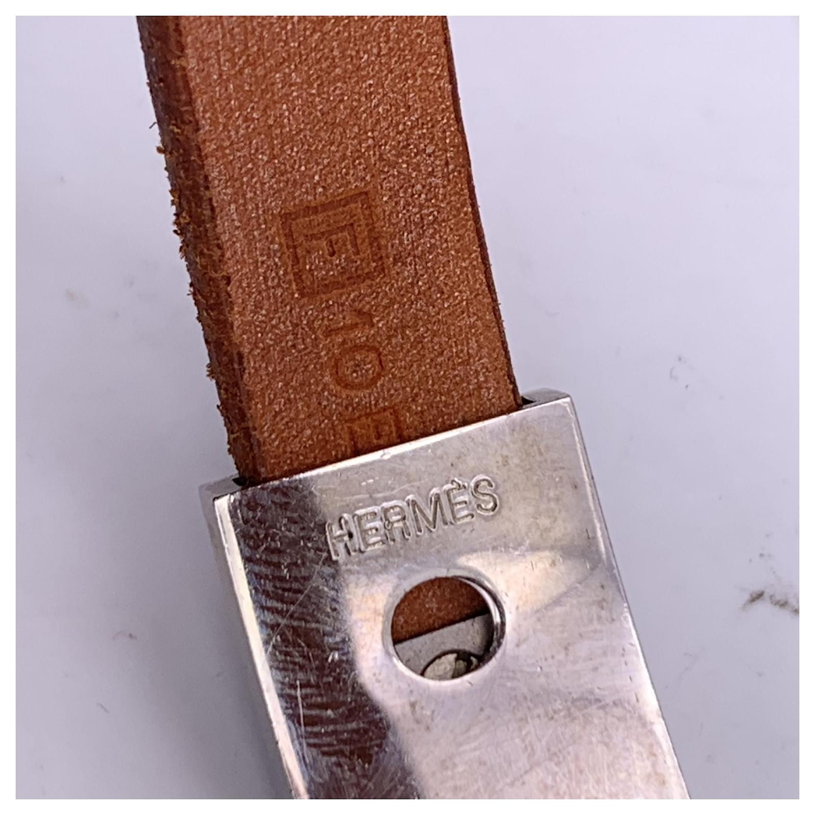 Hermès Bracelet Pousse Pousse en cuir marron Hermes Paris métal argenté ...