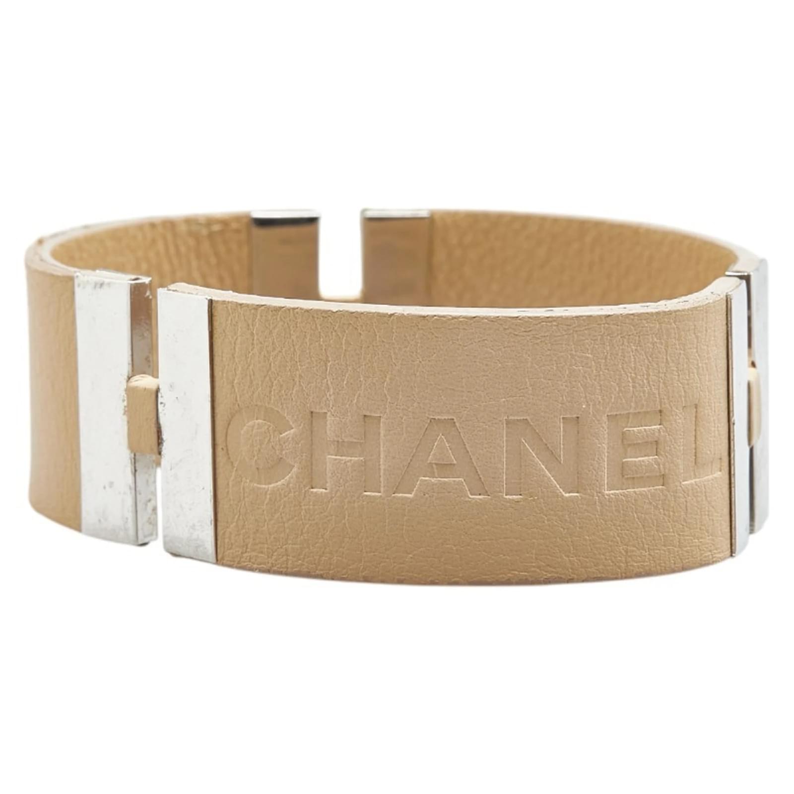 Chanel Beige and Silver Leather Metal Bangle Bracelet Silvery ref ...