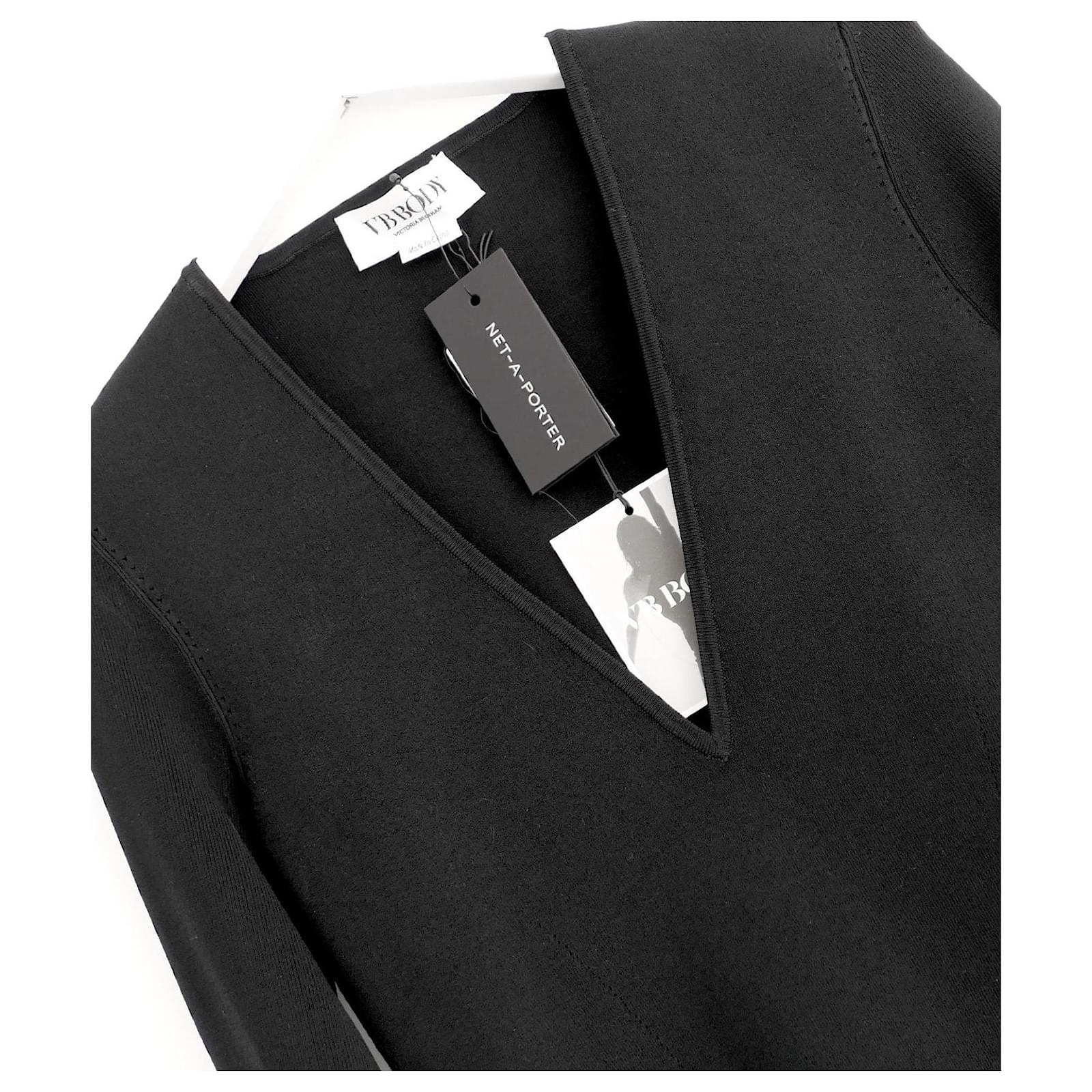 Victoria Beckham VB Body Long Sleeve Deep V Neck Bodysuit Black Viscose ...