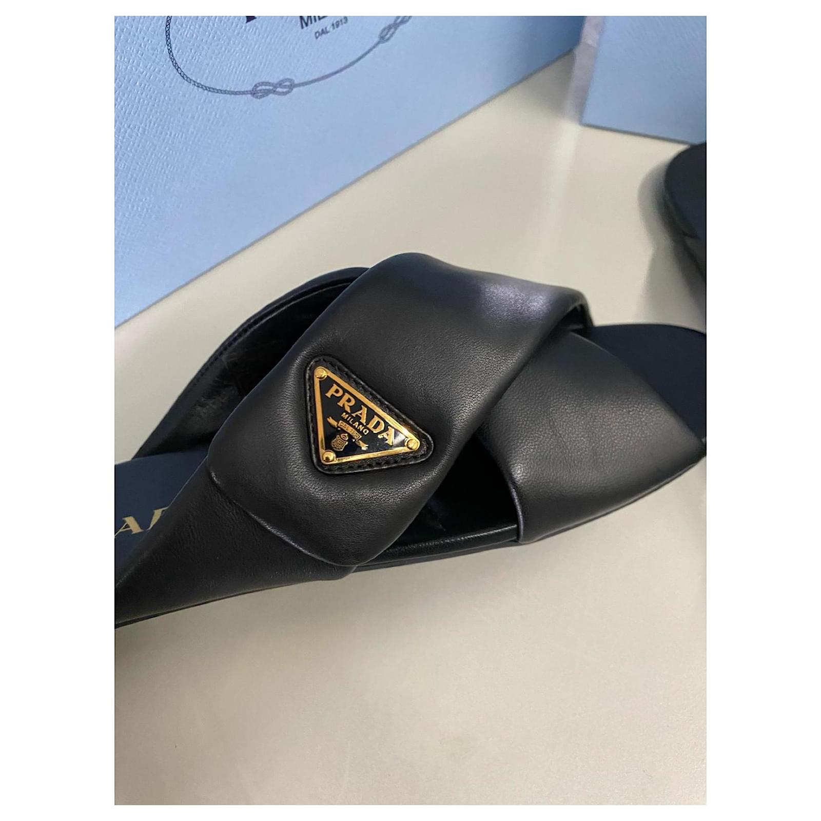 PRADA BLACK LOGO SLIDE SANDALS Leather ref.2100397 - Joli Closet