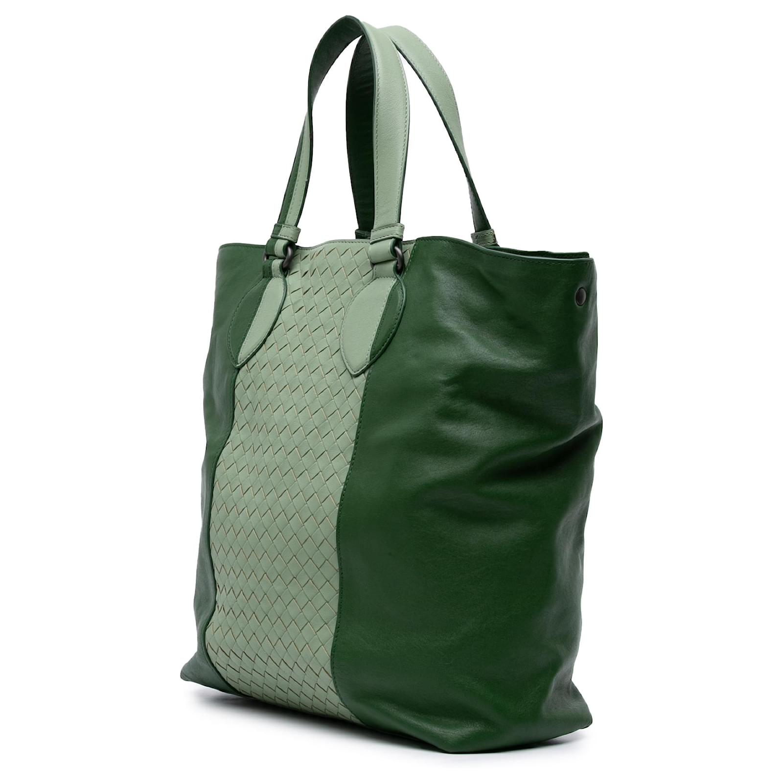 Bottega Veneta Green Bicolor Leather Intrecciato Satchel Pony-style ...