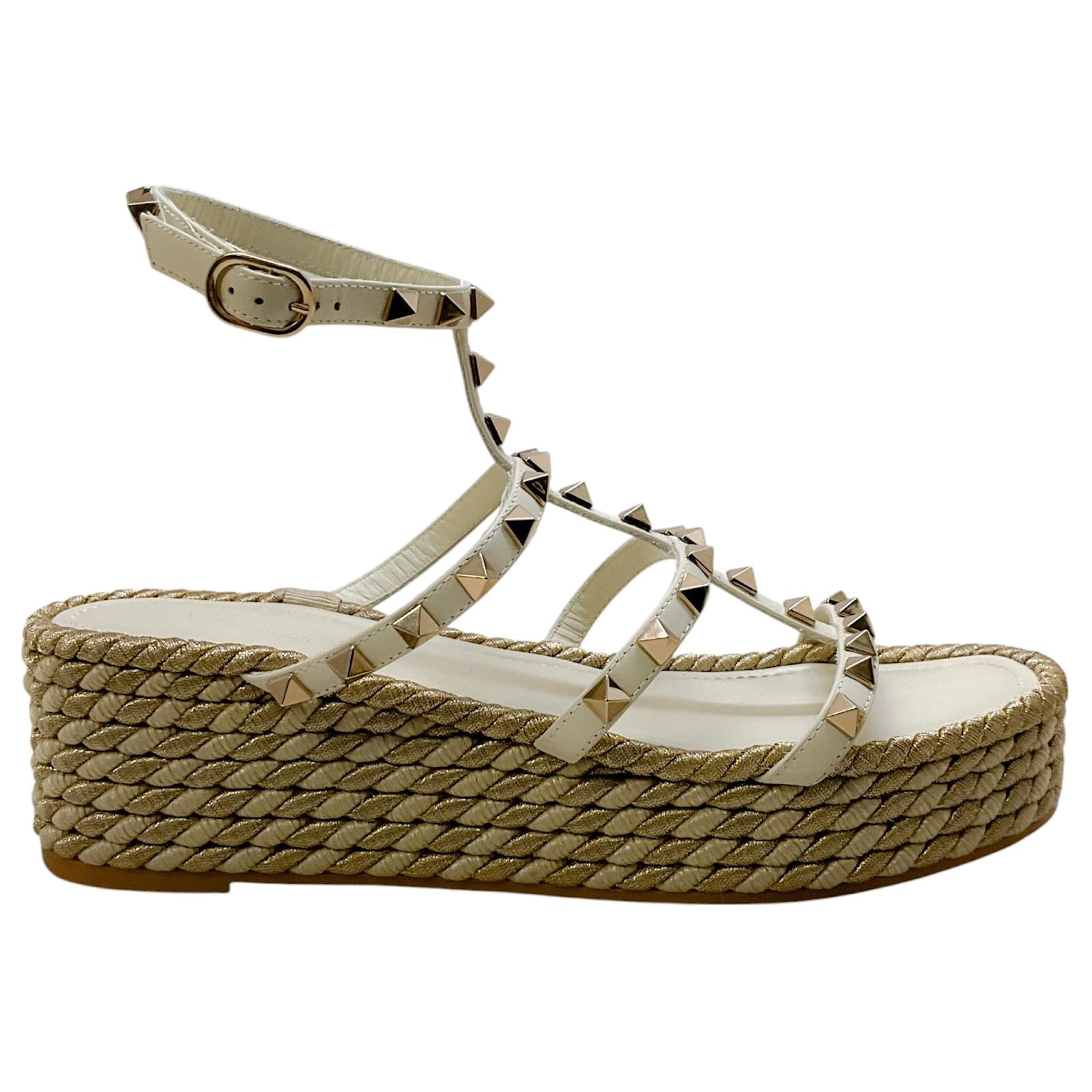 Valentino Ivory Leather Gold Rockstud Rope Flatform Sandals Golden ref ...