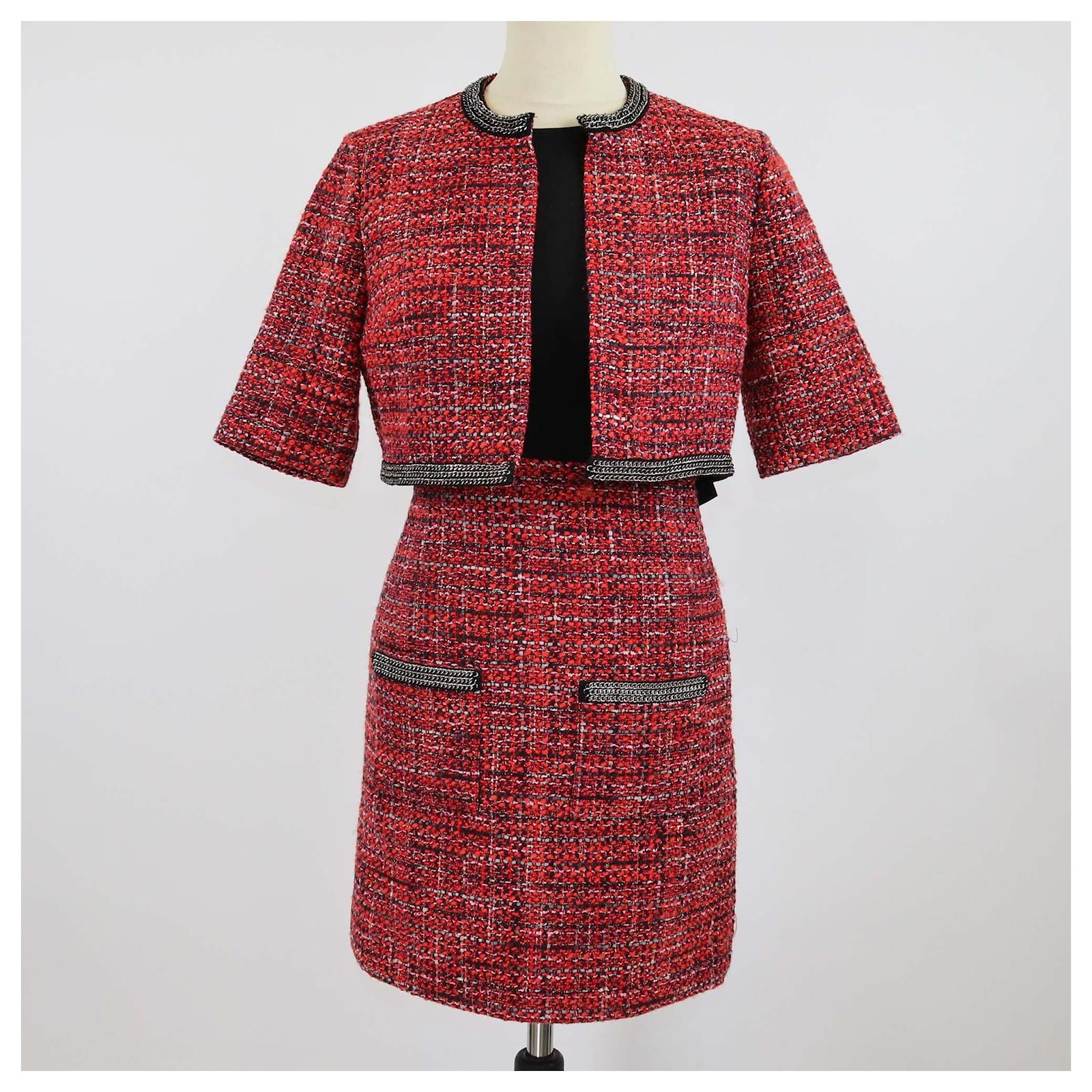 Maje Red Tweed Chain Detail Mini Dress and Crop Jacket Set Cloth ref ...