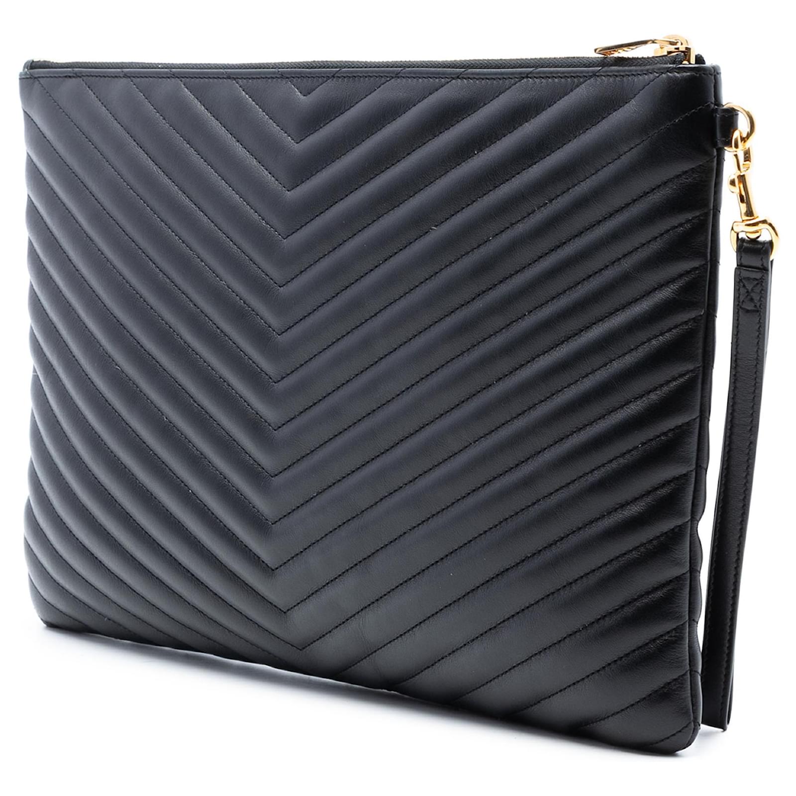 Saint Laurent Black Quilted Chevron Leather Monogram Document Holder ...