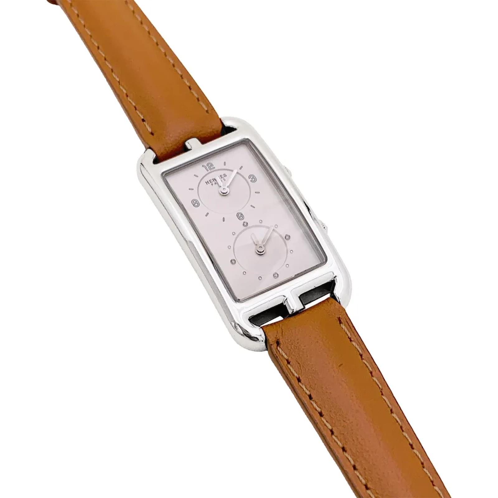 Montre Hermès, "Nantucket Dual Time", acier, cuir, diamants. ref ...