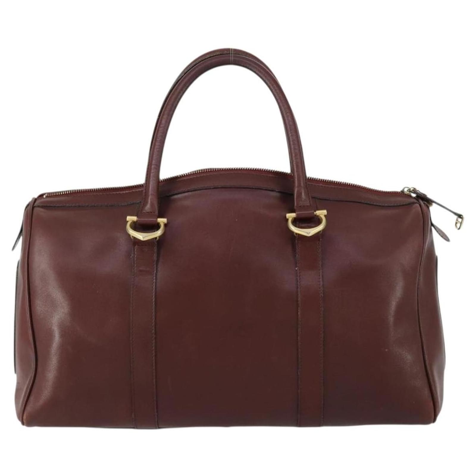 CARTIER Must Line Boston Bag Leather Bordeaux Gold Auth mr1646 Golden ...