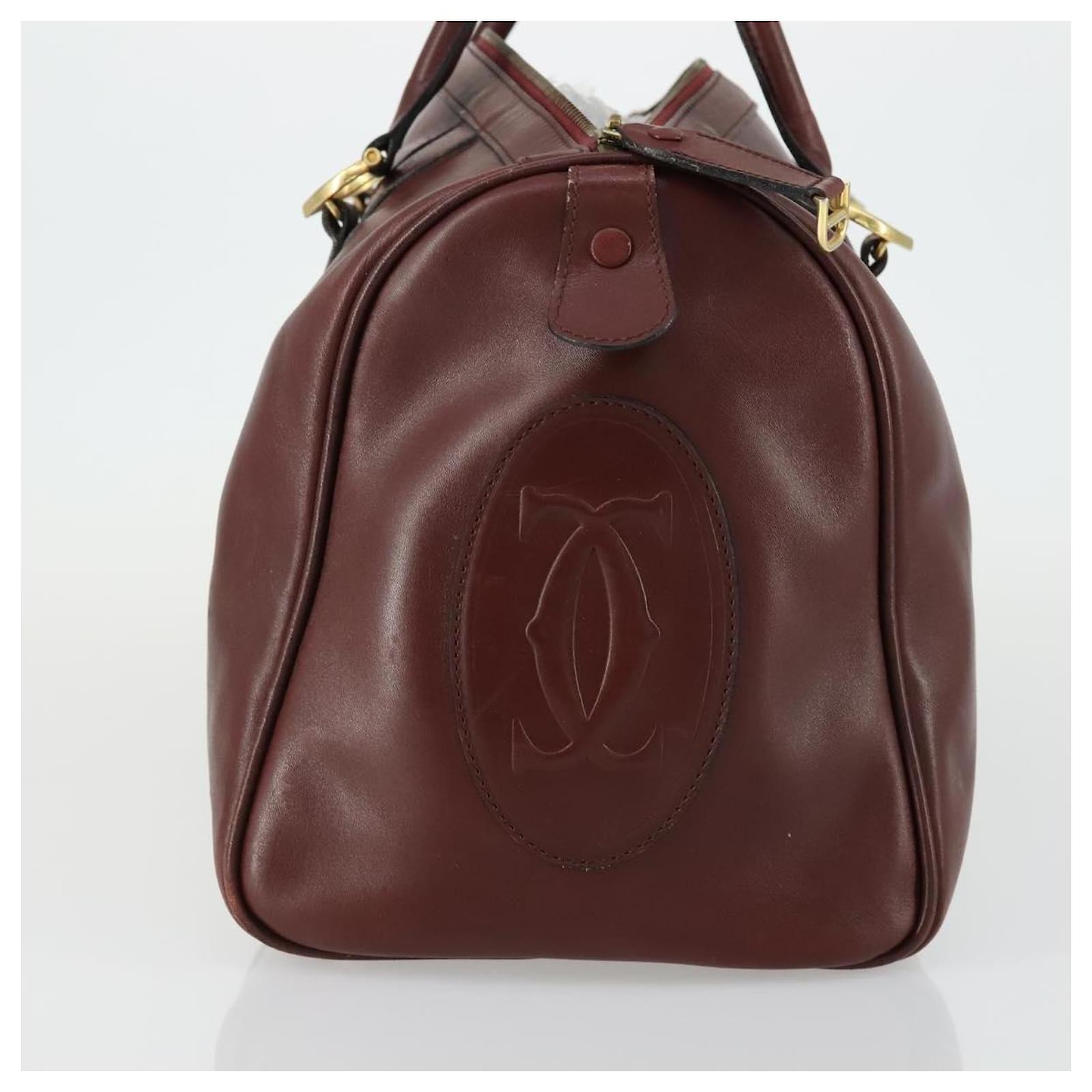 CARTIER Must Line Boston Bag Leather Bordeaux Gold Auth mr1646 Golden ...
