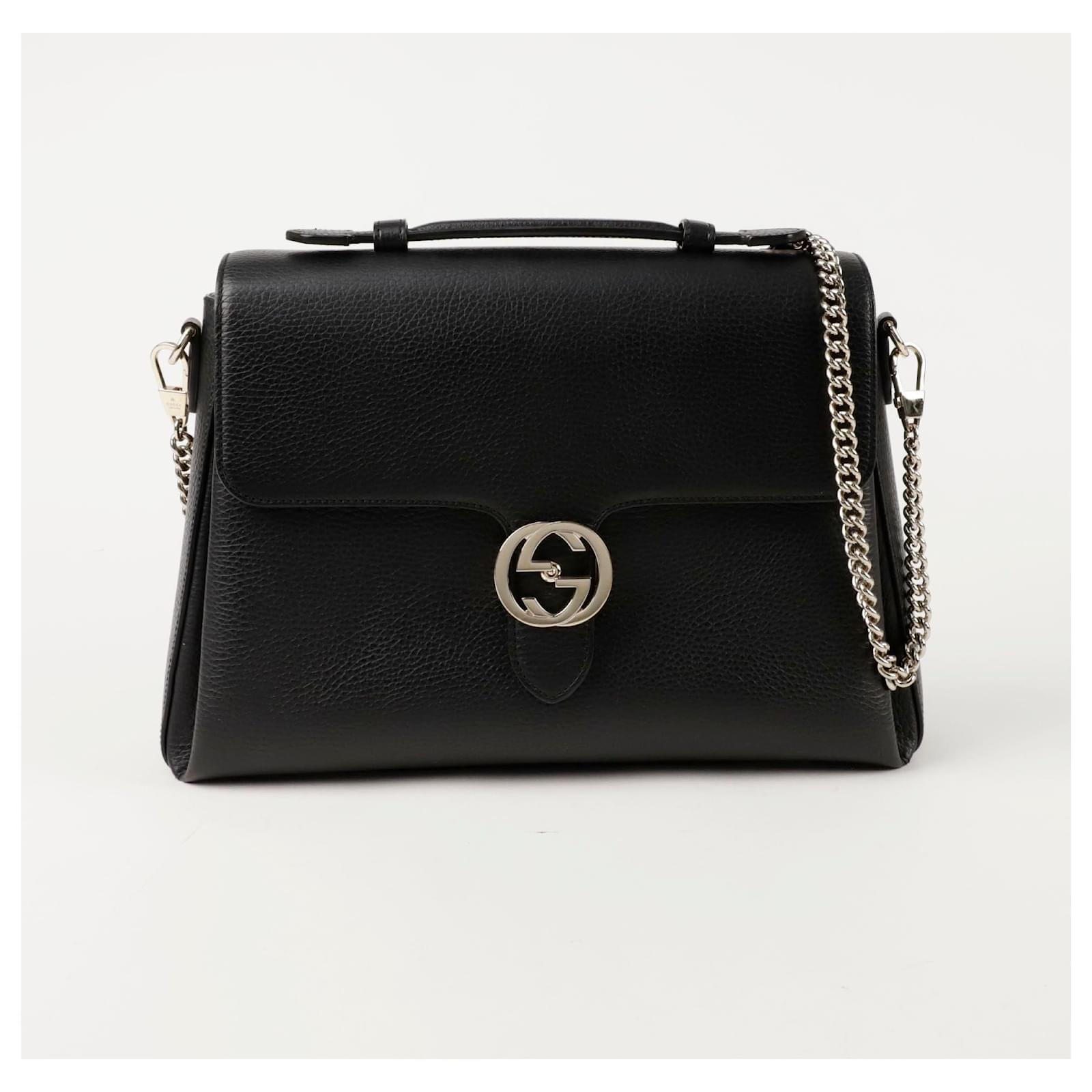 Gucci Interlocking Top Handle Tote Shoulder Bag Black Leather Pony ...
