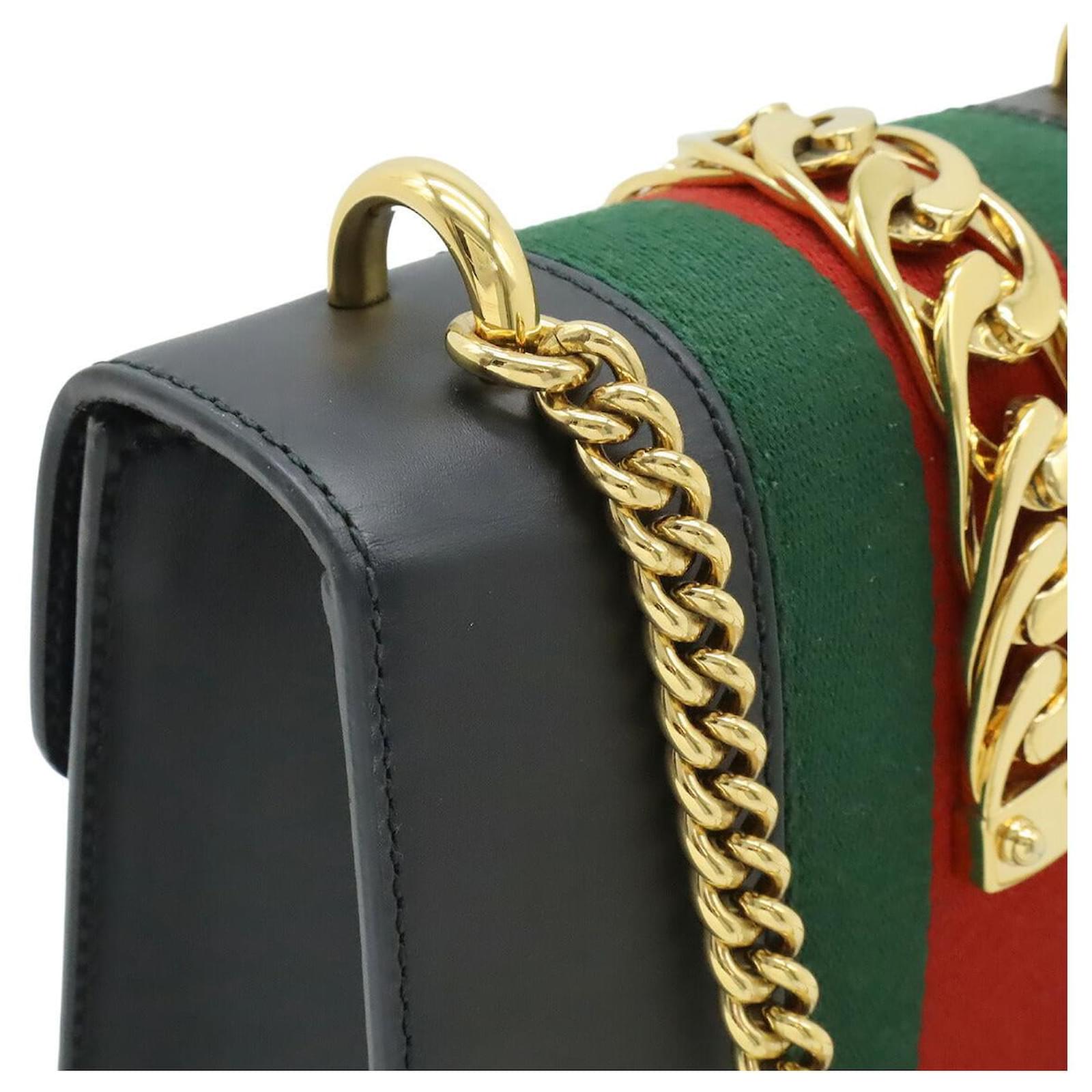 Gucci Sylvie Web Ribbon Mini Chain Bag Black Leather Pony-style ...