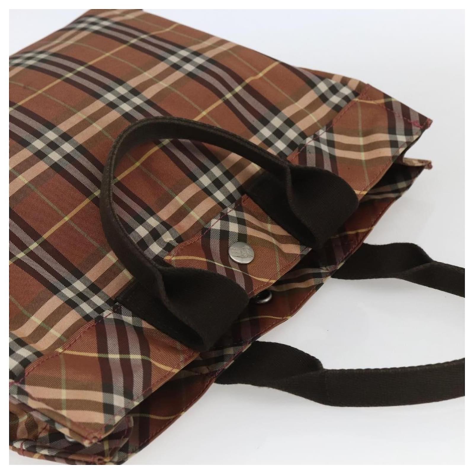 BURBERRY Nova Check Blue Label Tote Bag Nylon Brown Silver Auth SW2027 ...