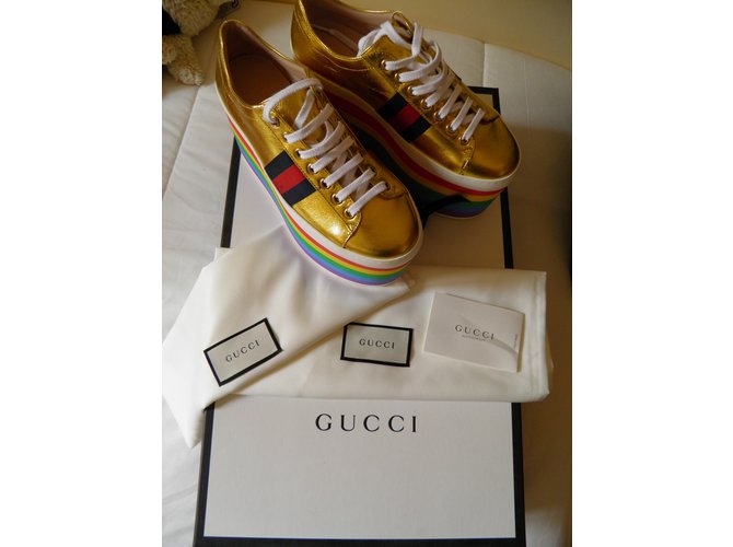 Gucci rainbow platform sneakers Golden Leather ref.69192 - Joli Closet