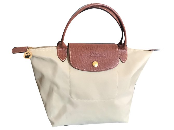 Longchamp folding Brown Beige Leather Nylon ref.134613 - Joli Closet