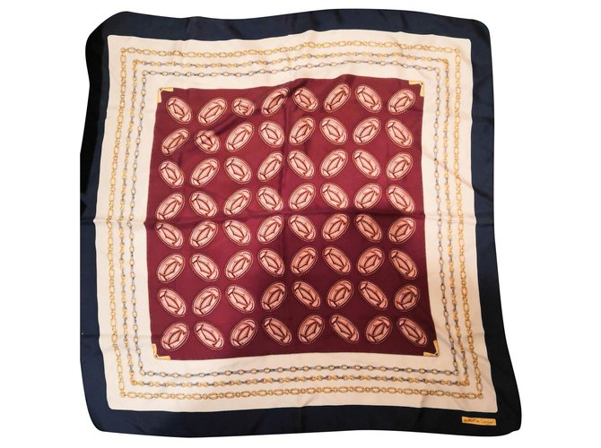 Sublime foulard carré Cartier vintage Soie Blanc Doré Bordeaux Bleu ...