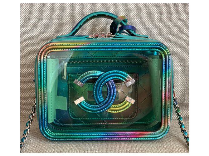 Chanel Small Green PVC Vanity Case with Rainbow Patent Leather Plastic ...