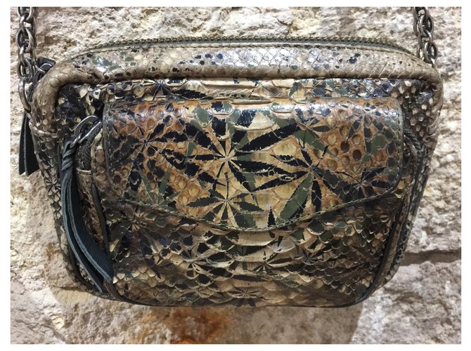 Claris Virot Charly messenger bag Beige Khaki Leather Python ref.182326 ...