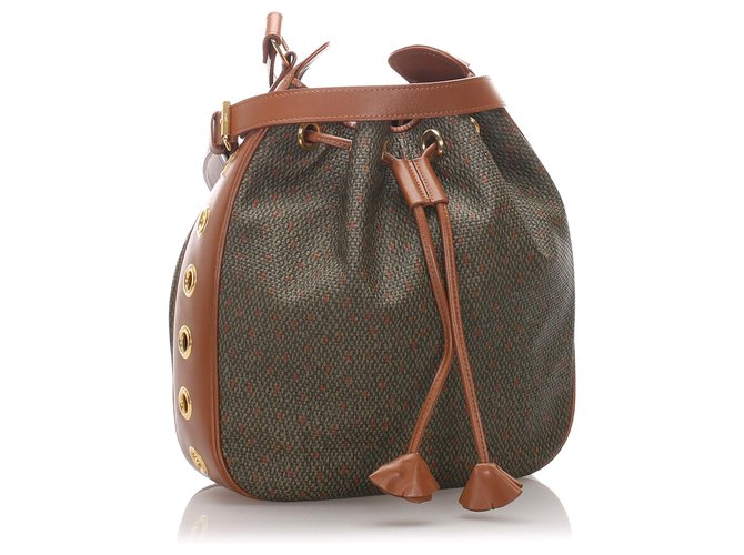 Yves Saint Laurent YSL Green Drawstring Shoulder Bag Brown Leather ...
