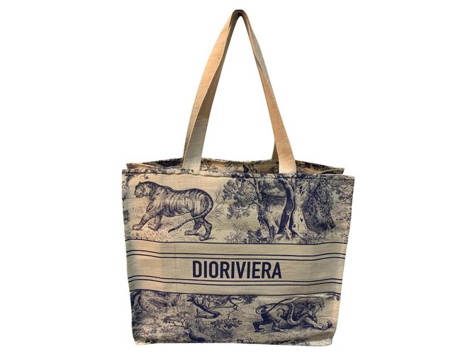 Dior Cabas book Dior Riviera Blue Cream Linen ref.223380 - Joli Closet