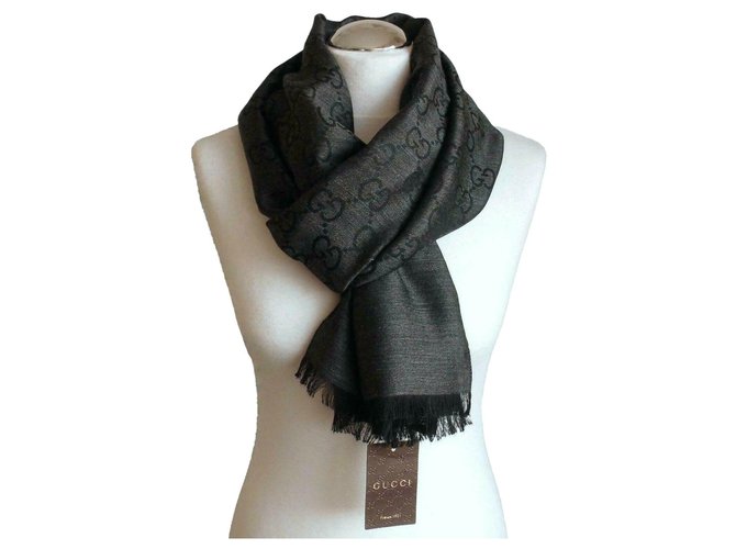 GUCCI uomo DONNA SCIARPA lana seta GRIGIO SCURO 45x180 SCARF SHAWL ...