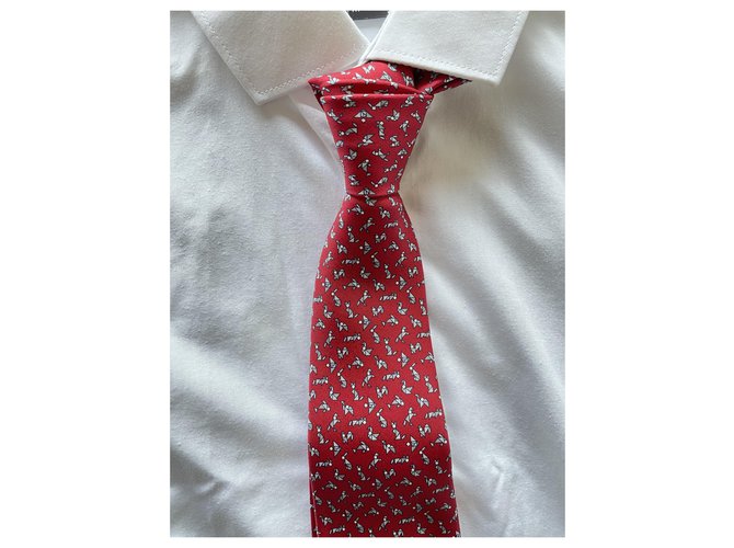 Hermès Tangram Tie in silk twill Red Grey ref.243617 - Joli Closet