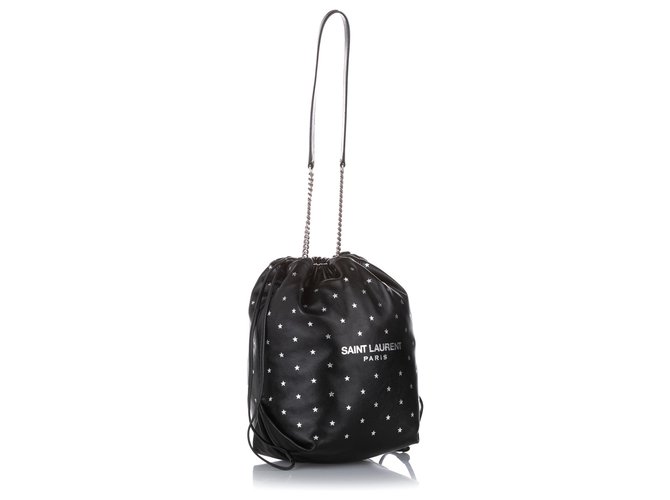 Yves Saint Laurent YSL Black Teddy Leather Bucket Bag White Pony-style ...