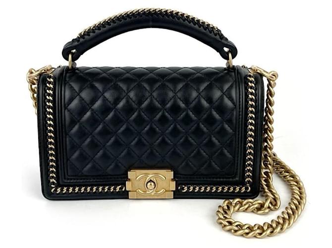 Chanel Boy Top Handle Chain Trim Bag Schwarz Leder ref.437929 - Joli Closet