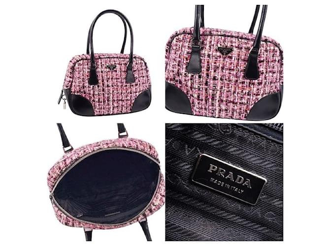 Bolsa PRADA Triângulo Logo Placa Tweed Mini Bolsa Boston Bolsa Feminina ...