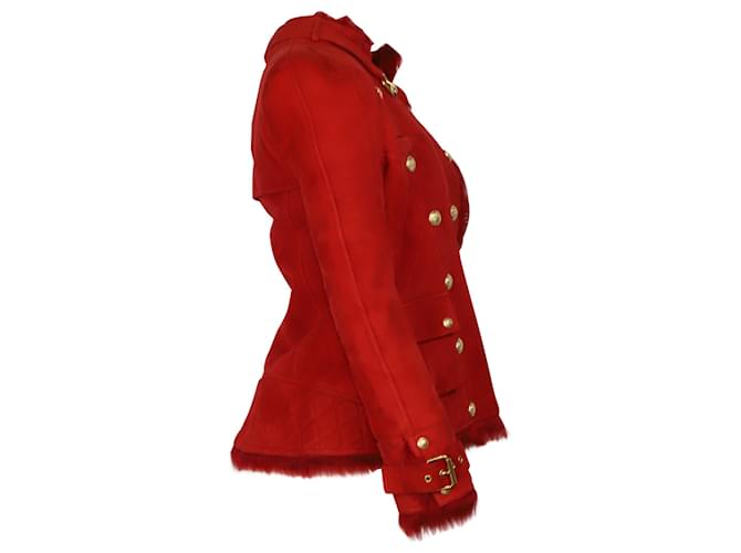 Balmain Shearling Double-Breasted Jacket in Red Shearling Leather ref ...