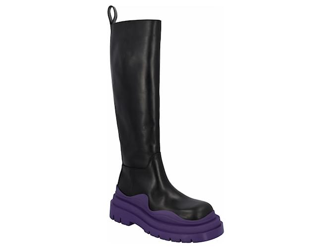 Bottega Veneta Femmes Tire Genou Bottes En Noir Et Prune Cuir ref ...