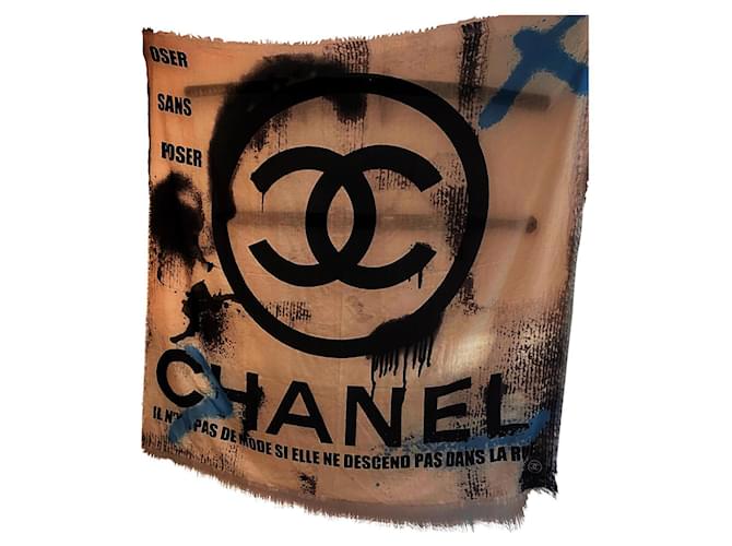 Grand Carré Chanel Black White Grey Dark blue Cashmere ref.621010 ...
