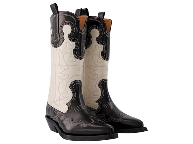Ganni Mid Shaft Embroidered Western Boots in Black Leather ref.626444 ...