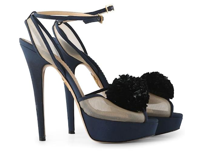 Charlotte Olympia Navy Satin Pom-Pom Platform Sandals With Nude Mesh ...