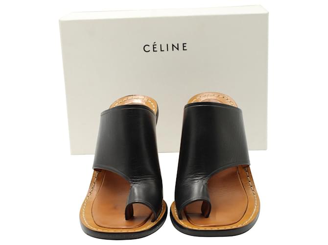 Céline Sandale Celine à Talon Haut avec Anneau d'Orteil en Cuir Noir ...