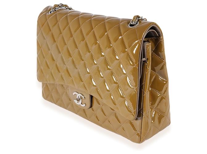 Timeless Chanel Tan Quilted Patent Leather Maxi Double Flap Beige ref ...