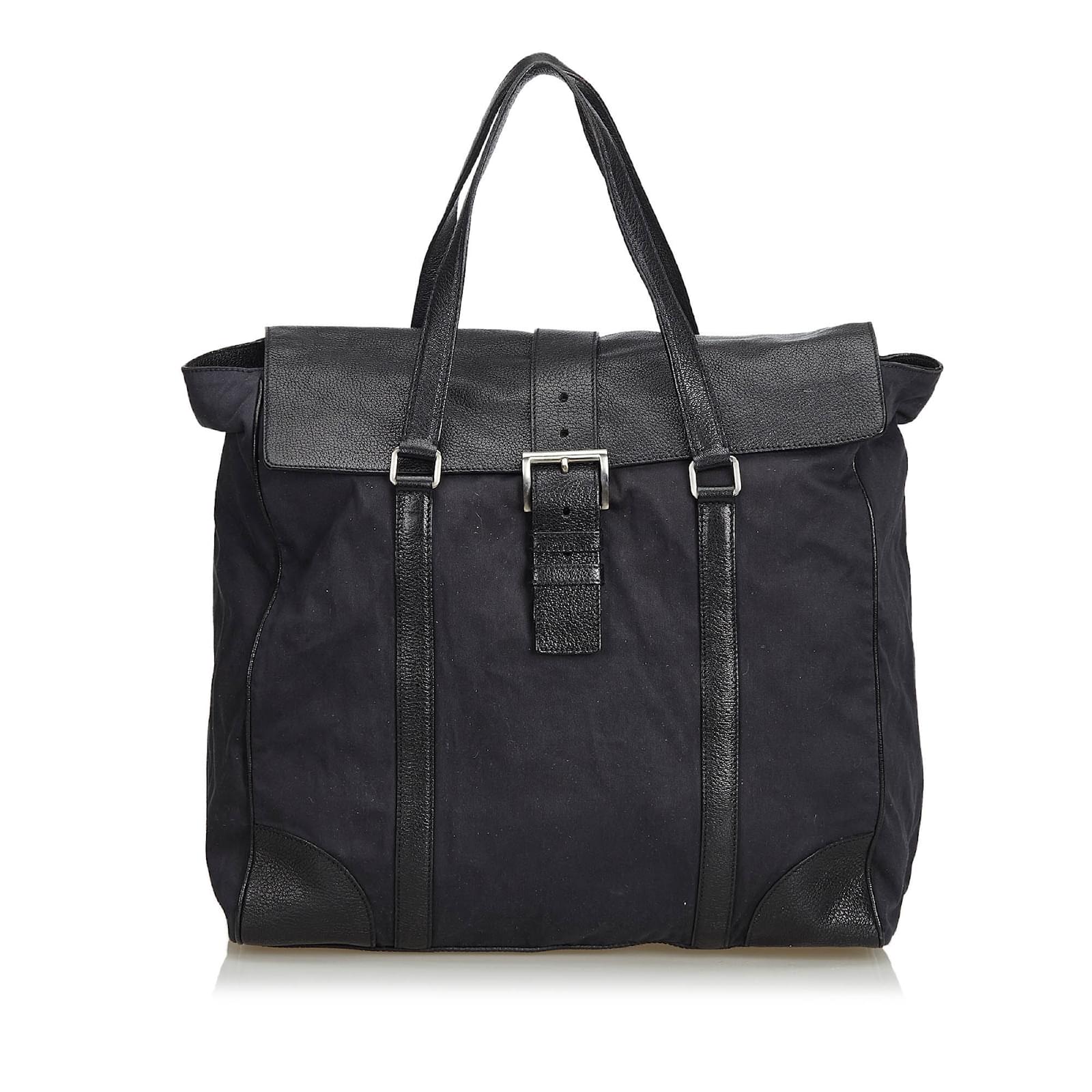 Prada Sac cabas en nylon Cuir Tissu Noir Bleu Bleu Marine ref.104847 ...