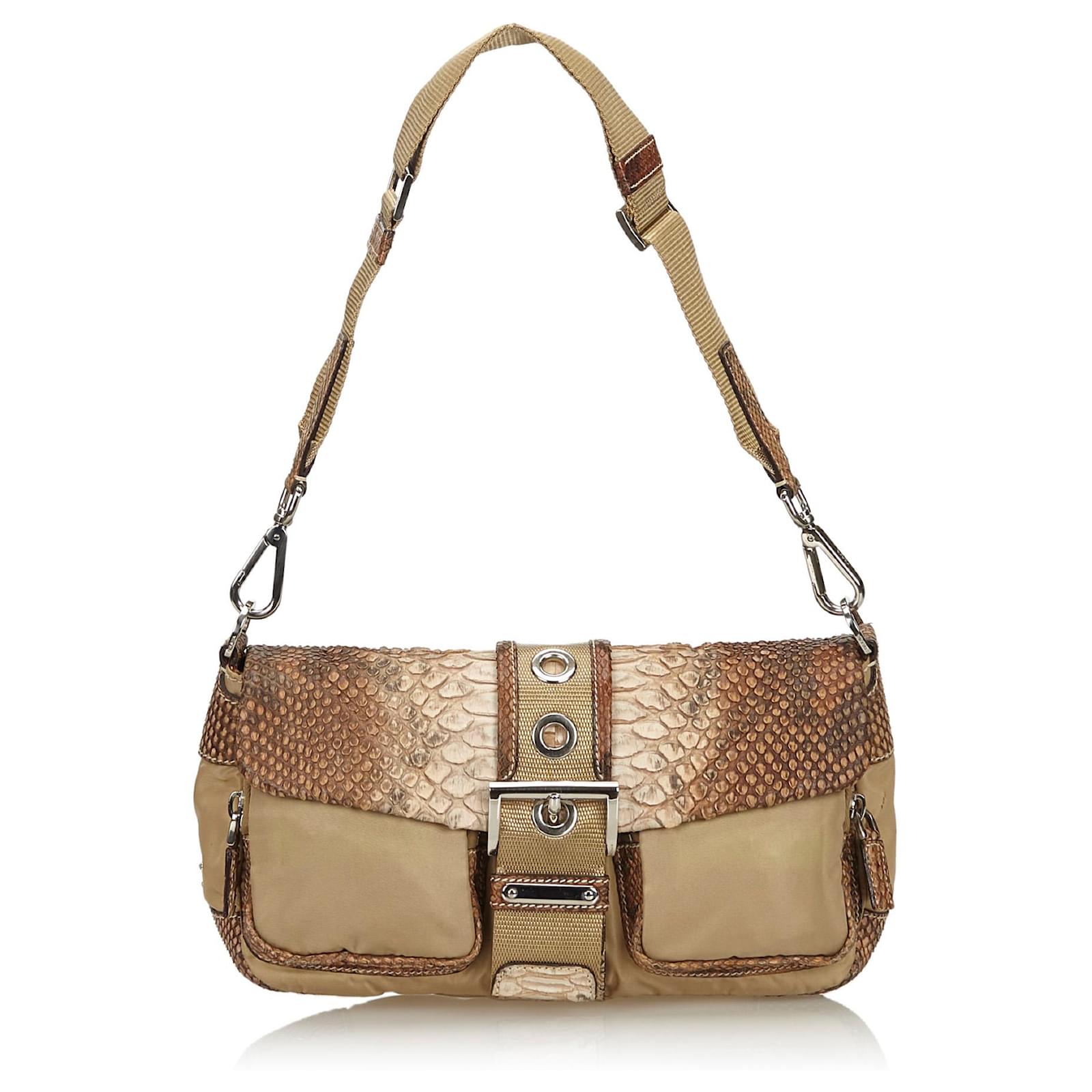 Prada Brown Python Leather Shoulder Bag Beige Nylon Cloth ref.133407 - Joli Closet