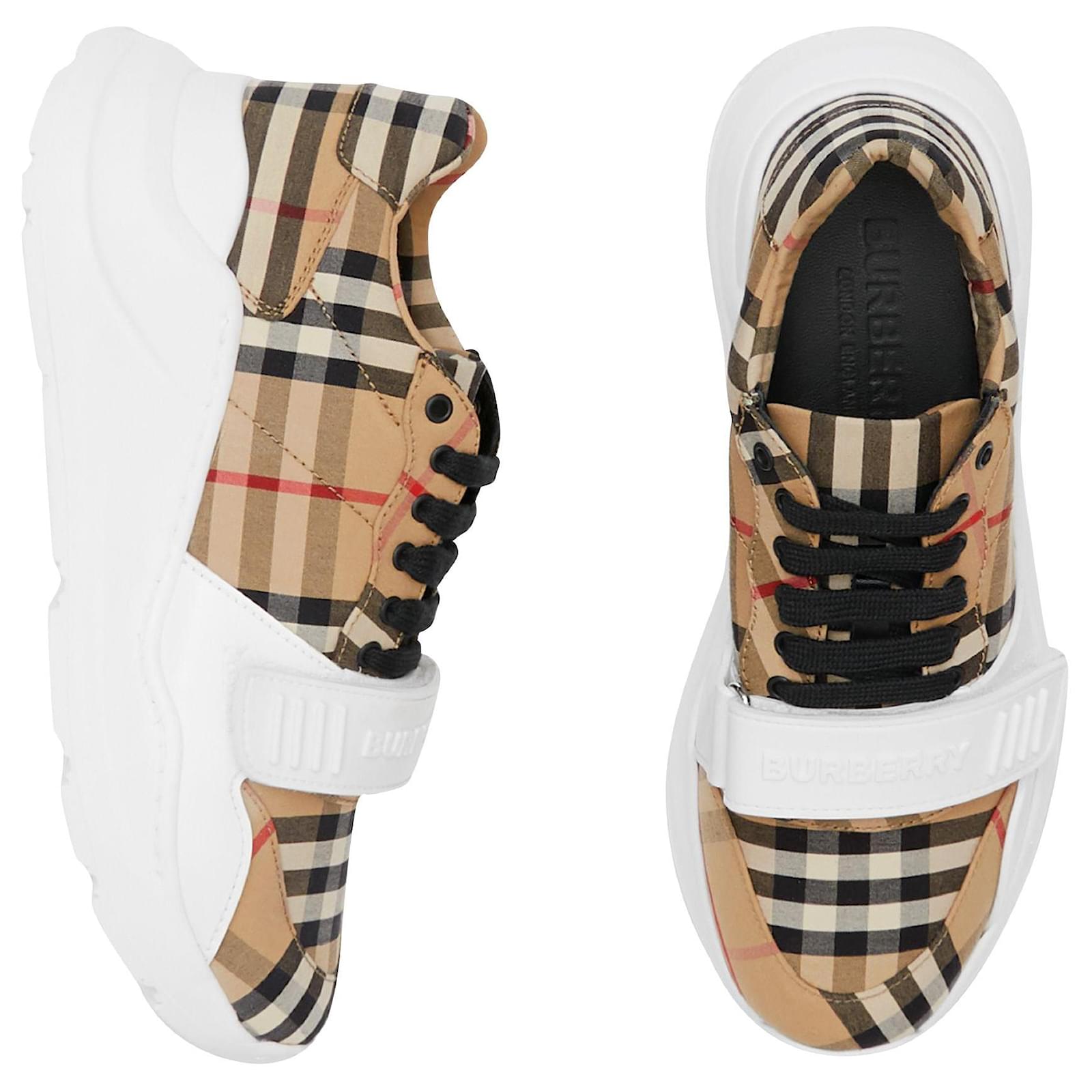tênis burberry vintage xadrez de algodão Branco Bege Couro ref.229897 ...