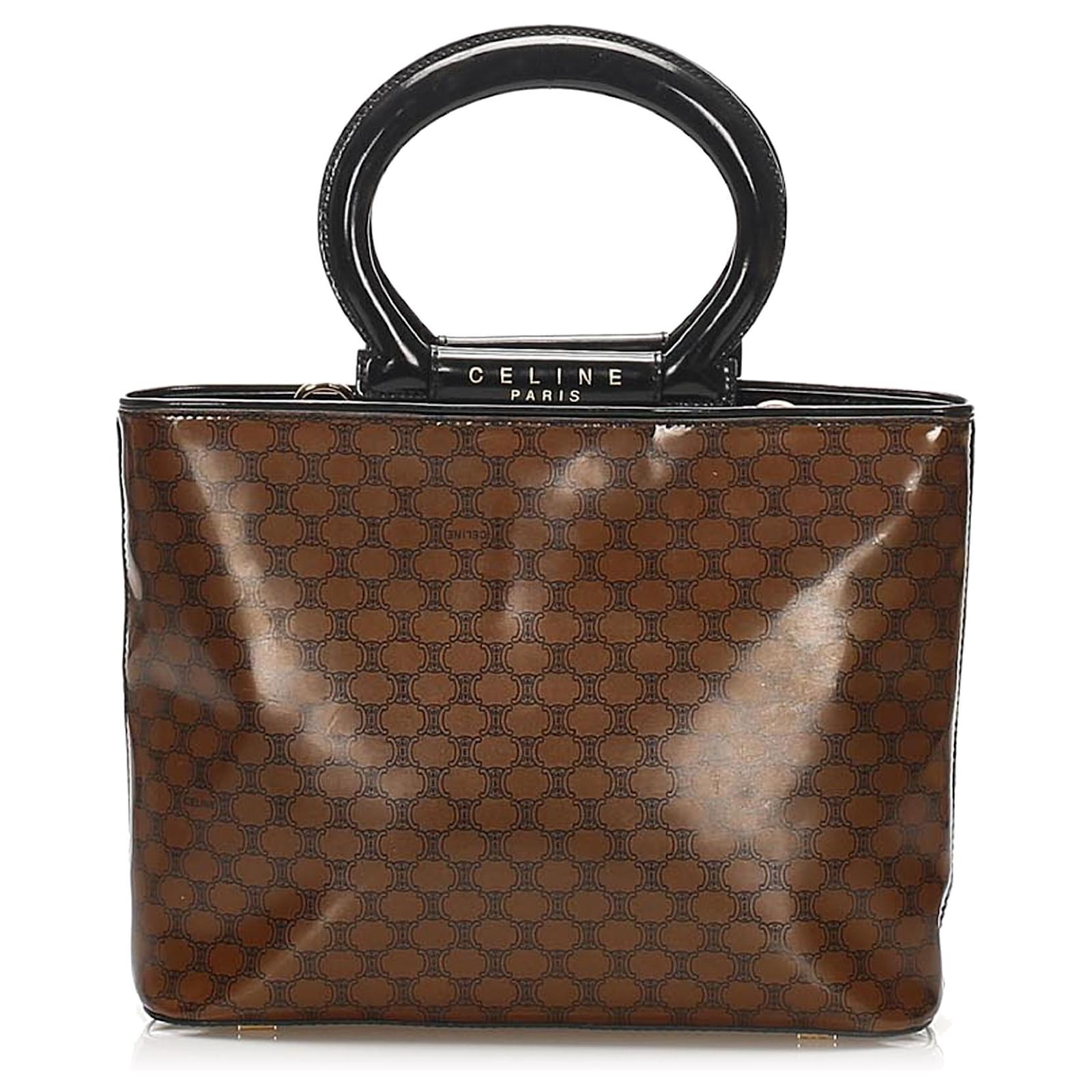 Céline Celine Brown Macadam Vinyl Handbag Black Leather Plastic Pony ...