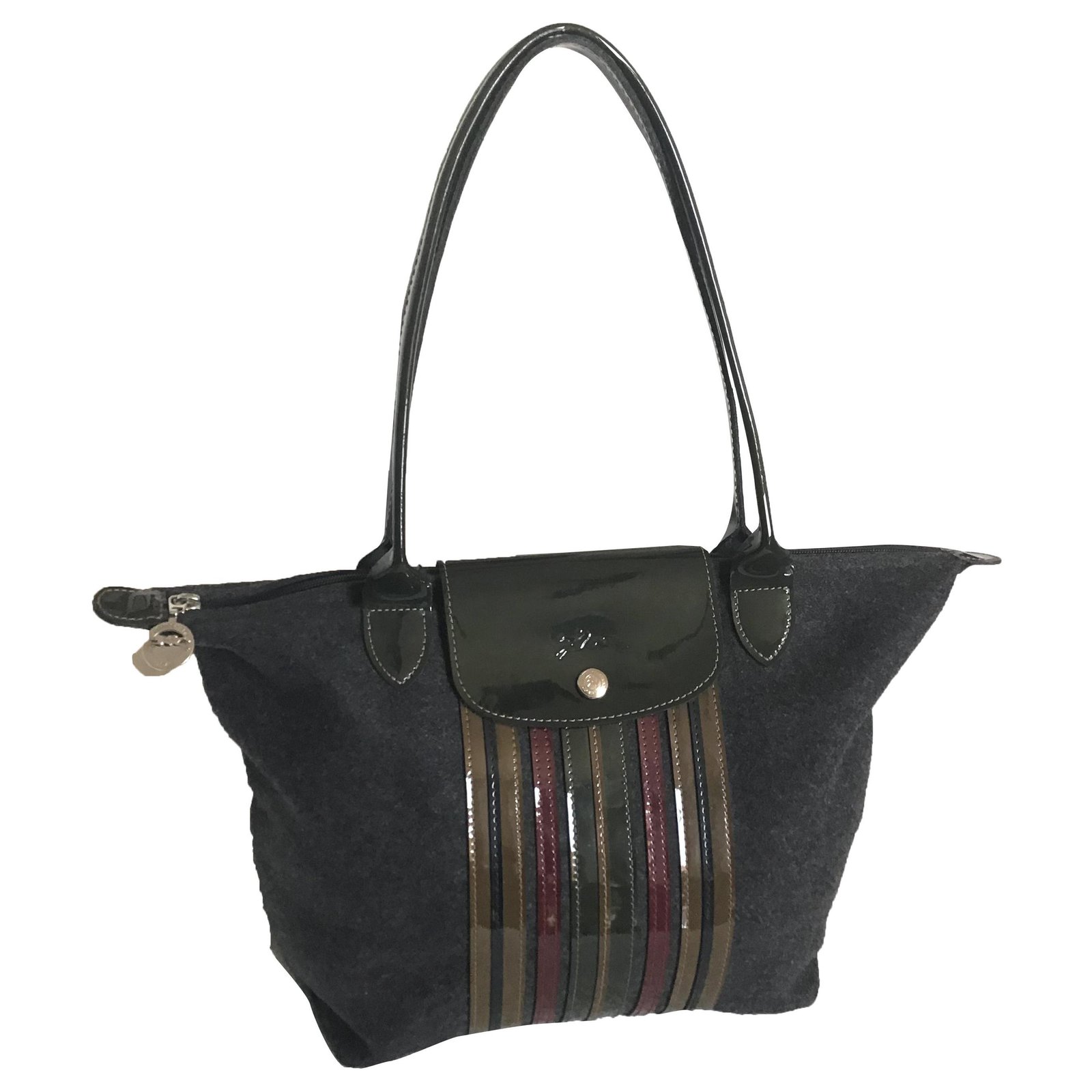 Longchamp Handbags Grey Khaki Patent leather Tweed ref.266022 - Joli Closet