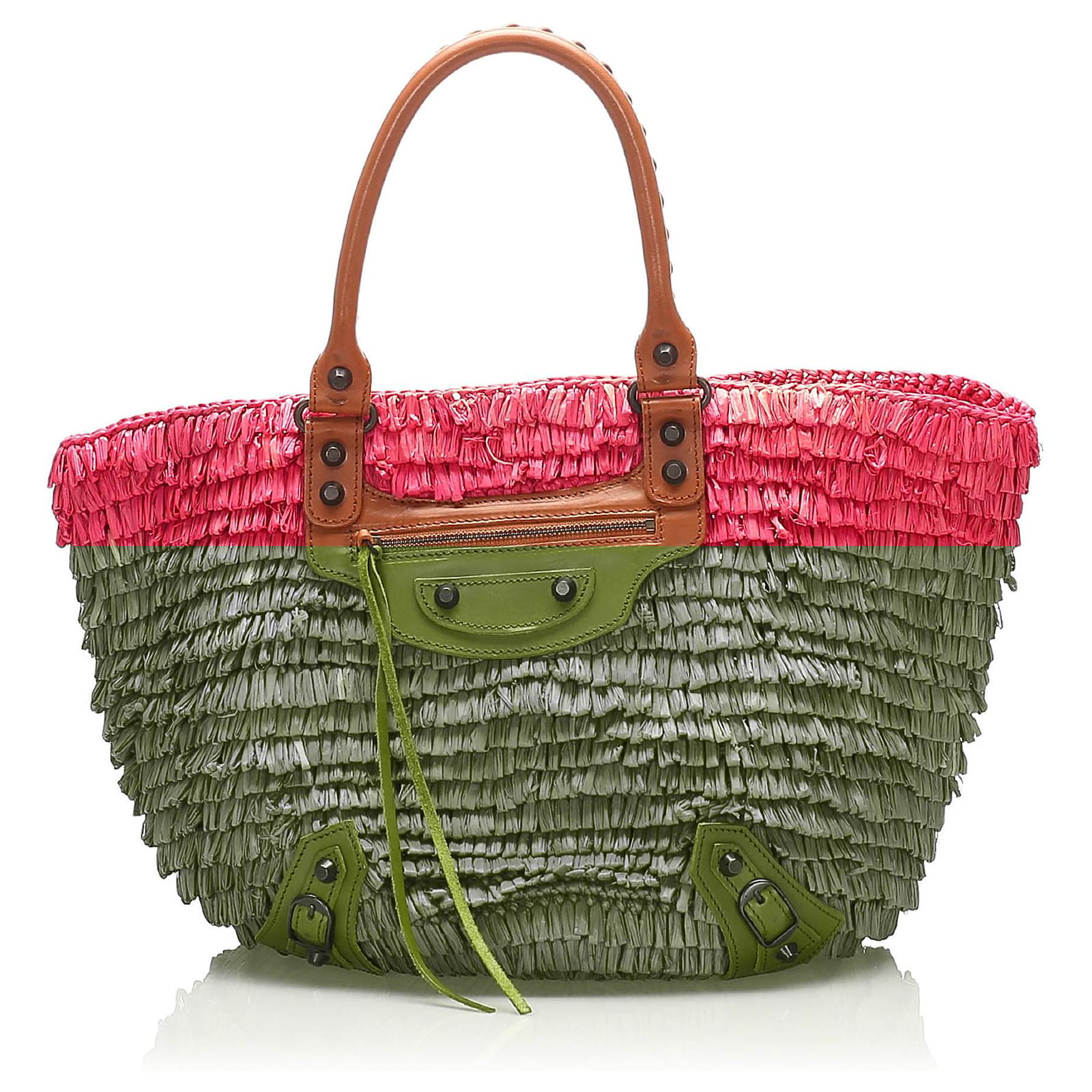 Sac cabas en raphia classique de motocross rose Balenciaga Cuir Veau ...