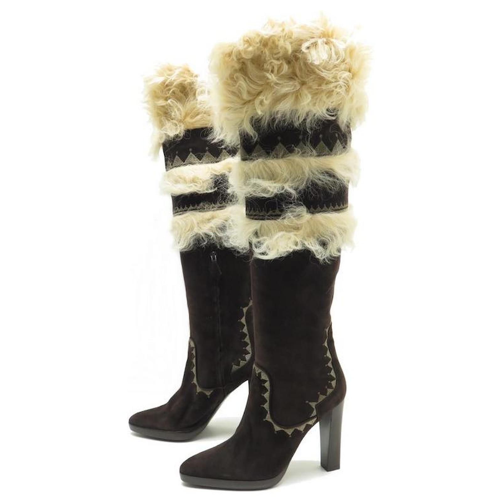 Hermès NEUF CHAUSSURES HERMES BOTTES RAYA 38 EN CHEVRE & FOURRURE + SAC ...