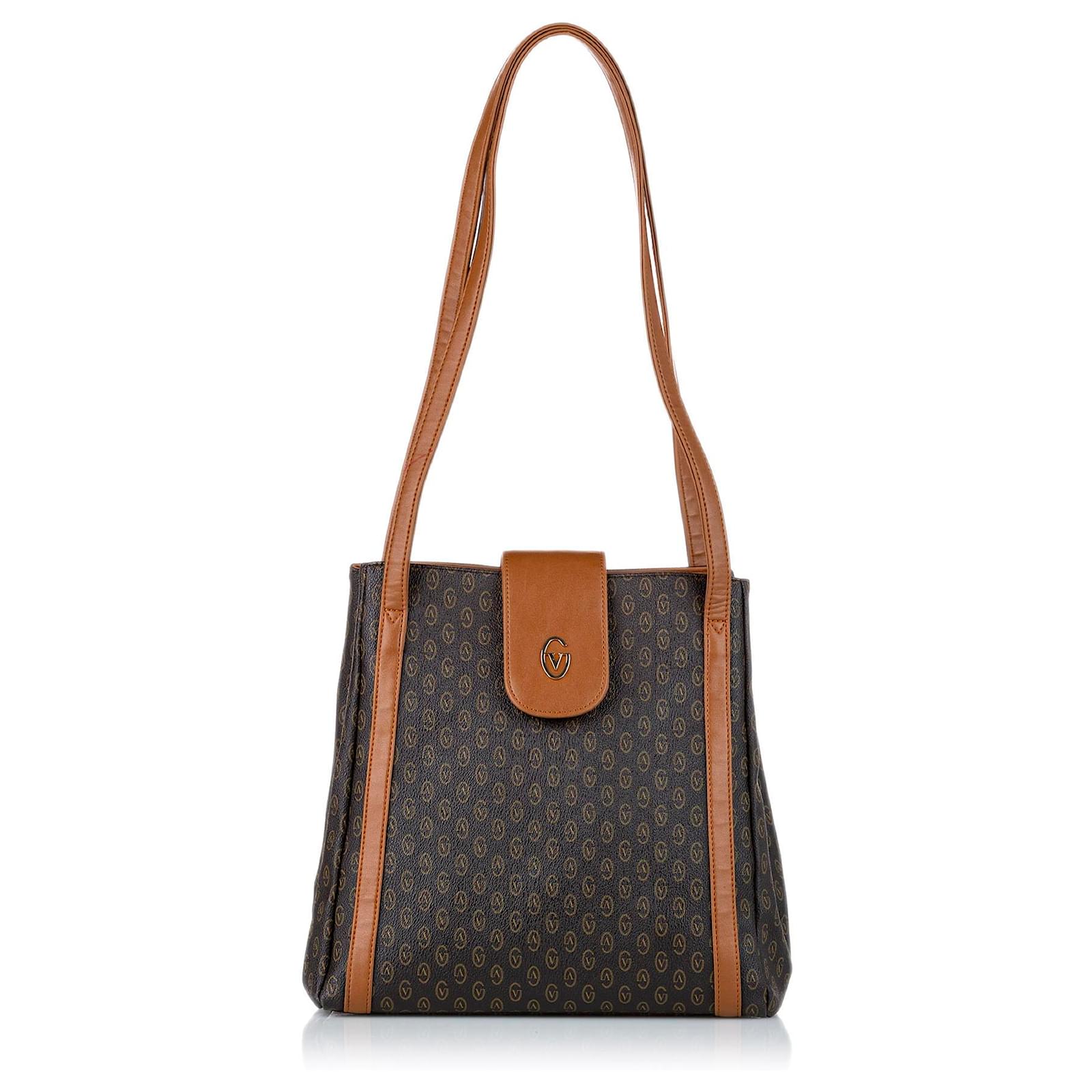 Valentino Brown Monogram V Logo Shoulder Bag Leather Cloth Pony-style ...
