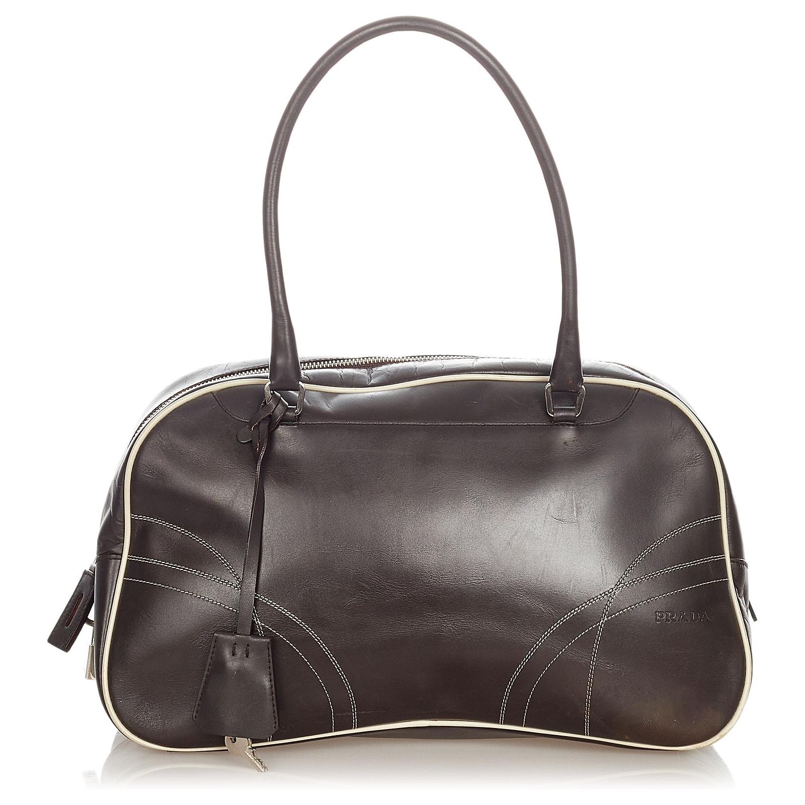 Prada Black Vitello Drive Bowler Handbag White Leather Pony-style ...