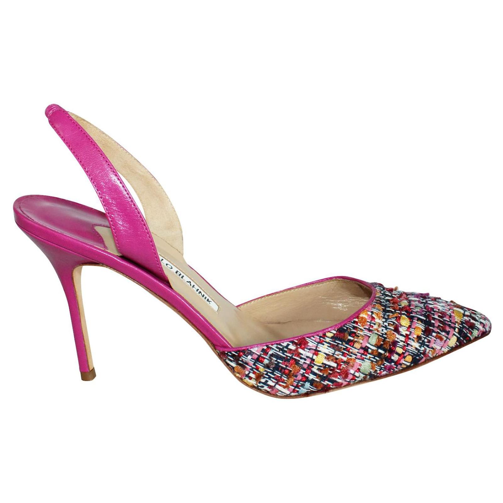 Manolo Blahnik Fuchsia Tweed Slingback Heels Pink Leather ref.352470 ...