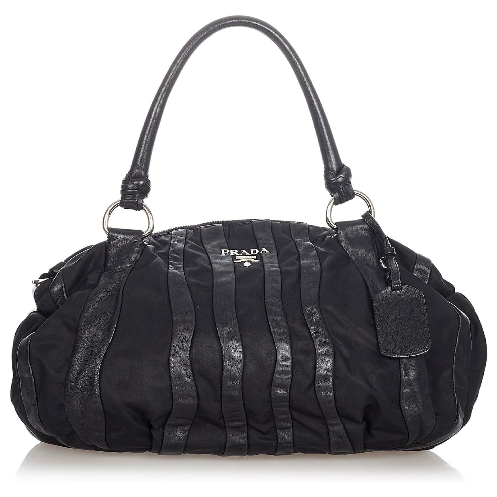 Prada Black Tessuto Nappa Waves Tote Bag Grey Leather Nylon Cloth ref ...