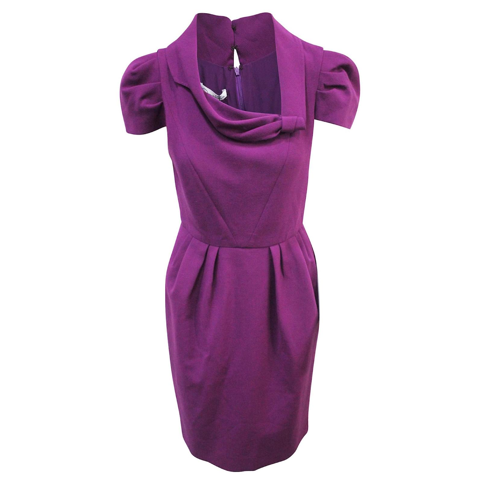 Oscar de la Renta Robe midi plissée violette à manches courtes Soie ref ...