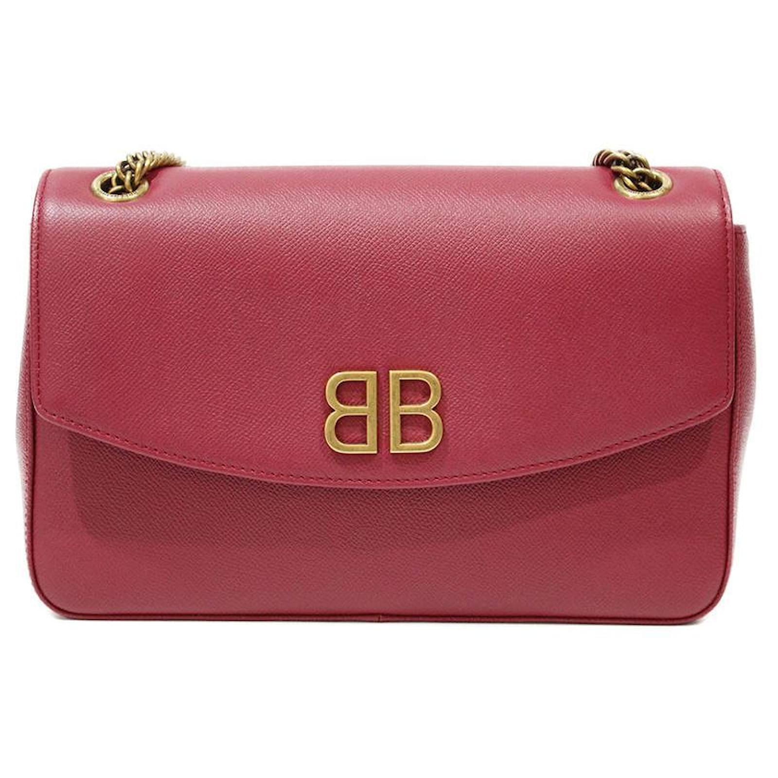 BALENCIAGA BB ON CHAIN BAG IN BURGUNDY RED SHEATHED LEATHER Dark red ...