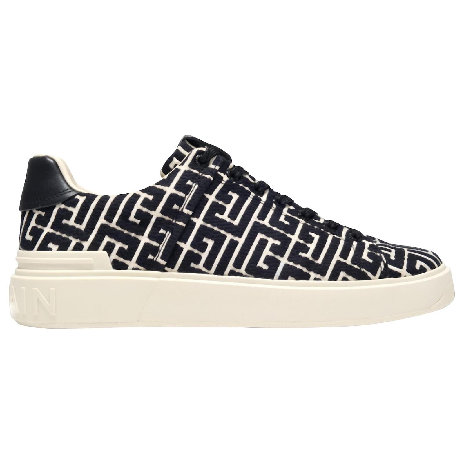 Balmain B Court Sneakers in Black and Ivory Monogram Canvas Cloth ref ...