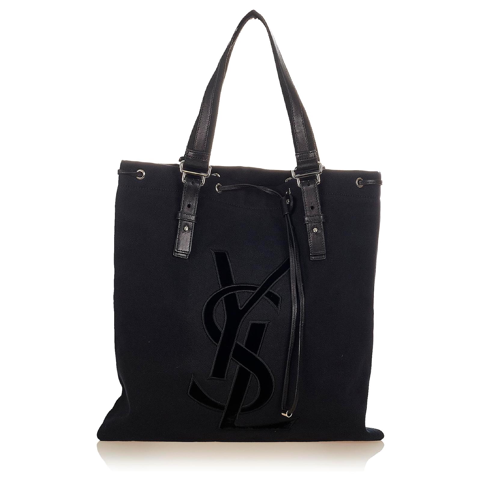 Yves Saint Laurent YSL Black Kahala Canvas Tote Bag Leather Cloth Pony ...