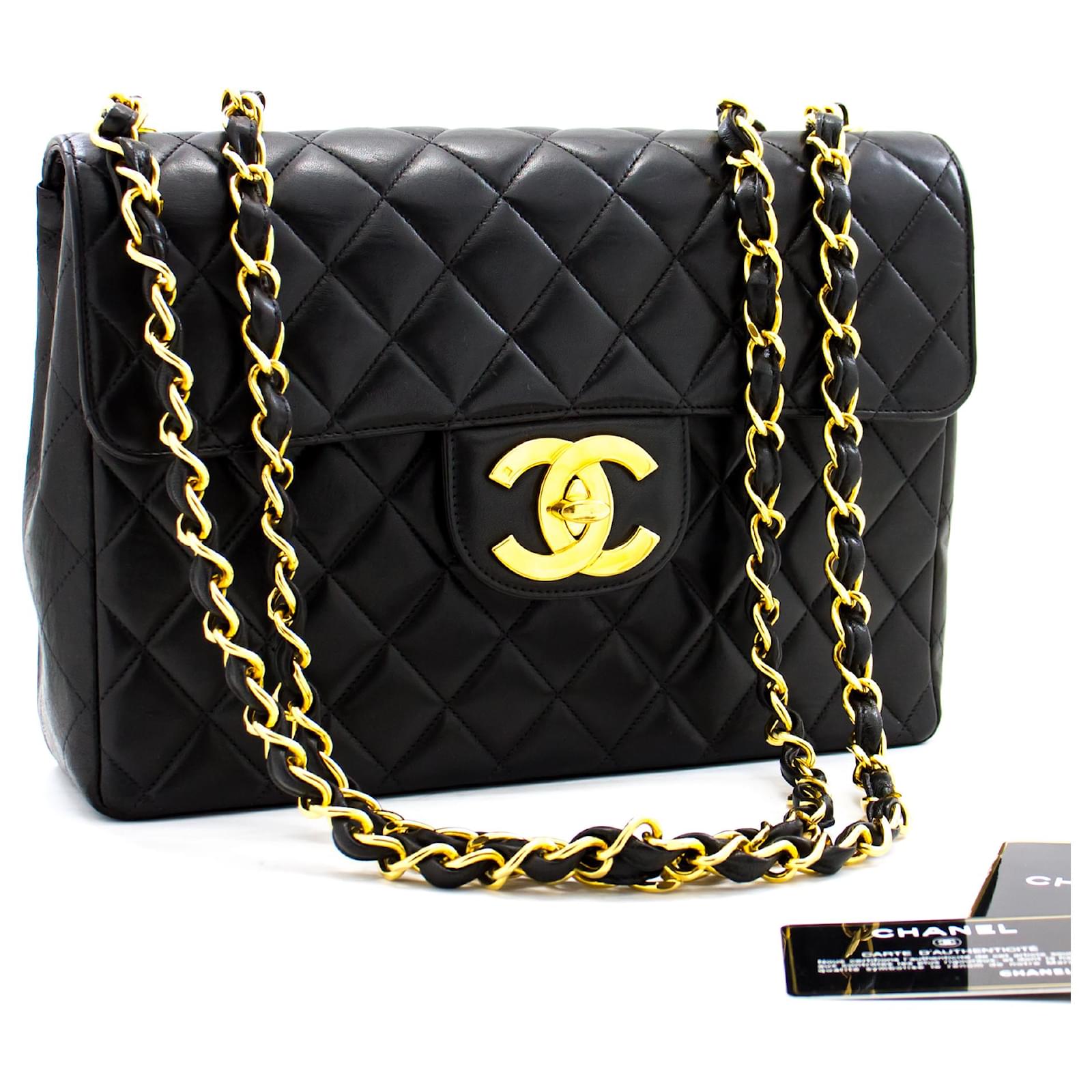 Chanel Jumbo 11" Large Chain Shoulder Bag Flap Black Lambskin Leather ...